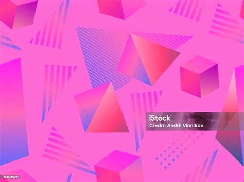 80 년대 스타일의 3d 기하학적 모양의 매끄러운 패턴 빨간색 그라데이션 색상입니다 종이 홍보 자료 및 직물에 인쇄하기위한 등분 3 차원 기하학적 모양 벡터 일러스트레이션