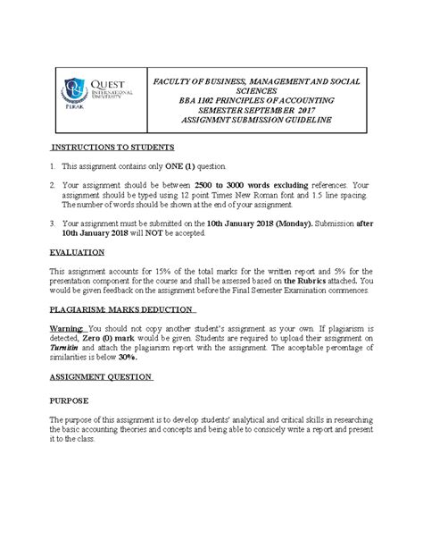 Assignment Principles Of Accounting Faculty Of Business Management