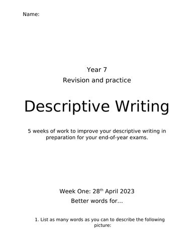 Descriptive Writing Workbook Teaching Resources