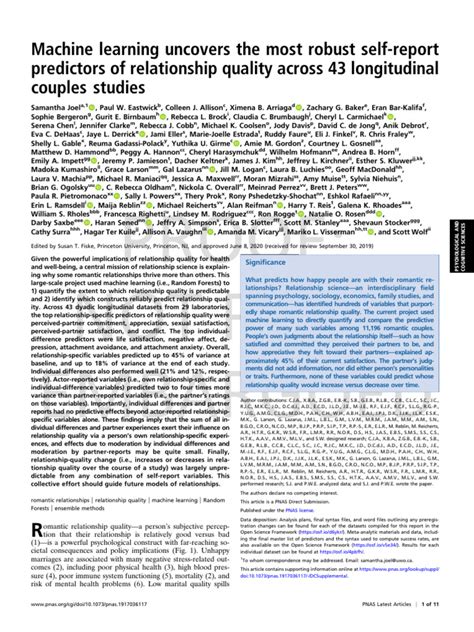 2020 Pnas Joel Et Al Machine Learning And Prediction Of Longterm Relationship Quality Pdf