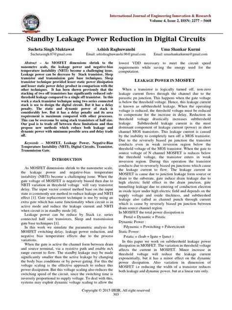 Standby Leakage Power Reduction In Digital Circuits Pdf Mosfet