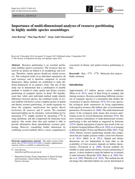 Pdf Importance Of Multi Dimensional Analyses Of Resource Partitioning In Highly Mobile Species