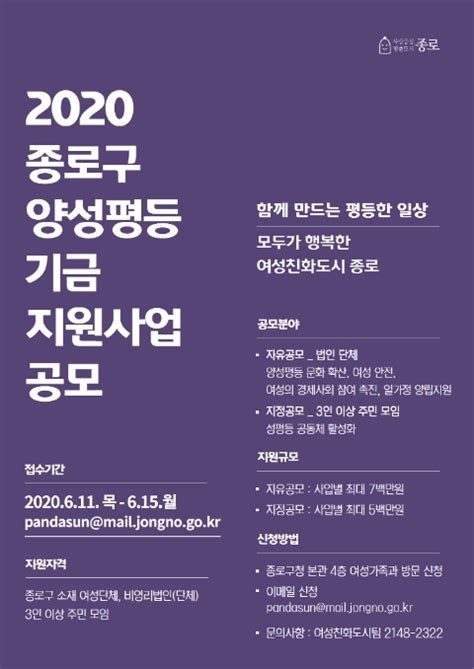 종로구 2020년 양성평등기금 지원사업 15일까지 공모