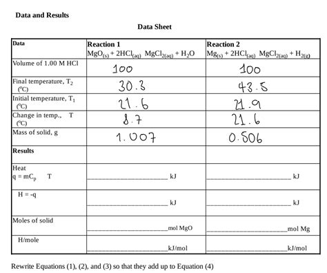 Data And Results Data Sheet Rewrite Equations 1