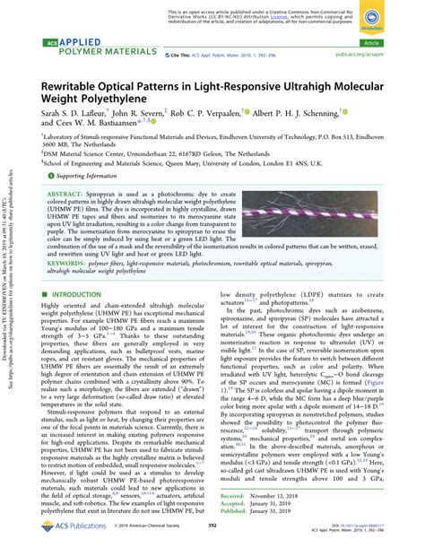 Pdf Rewritable Optical Patterns In Light Responsive Ultra High Molecular Weight Polyethylene