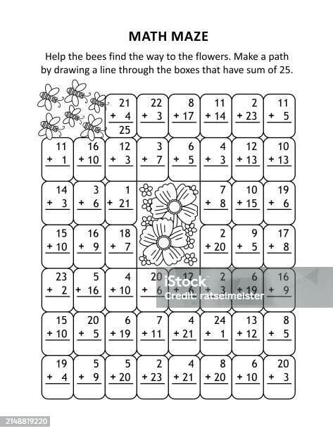수학 미로 합이 25인 상자를 통해 선을 그려 경로를 만듭니다 건설 프레임에 대한 스톡 벡터 아트 및 기타 이미지 건설 프레임 교육 꽃 식물 Istock