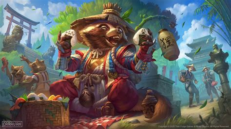 Smite Digital Art Raccoons Asian Architecture Ramza Ardyputra Rice Tanuki Hd Wallpaper