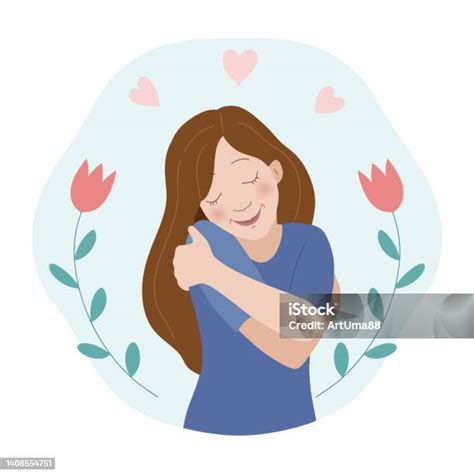 자기 사랑 개념 자신을 껴안는 행복한 여자 평평한 스타일의 일러스트레이션 Mental Wellbeing에 대한 스톡 벡터 아트 및 기타 이미지 Mental