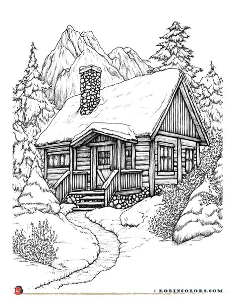 Log Cabin Cozy Winter Cottage Coloring Page Robin Colors