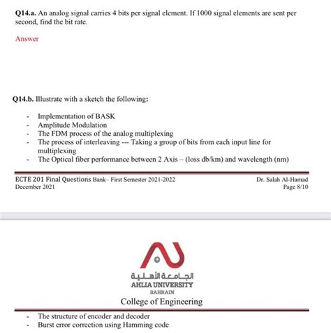 Solved Q A An Analog Signal Carries Bits Per Signal Chegg Com