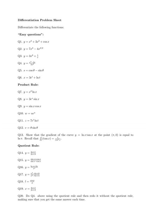 differentiation problem sheet differentiate the following functions
