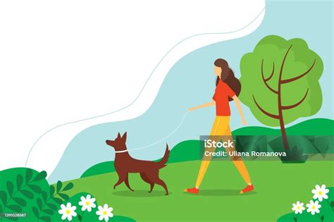 공원에서 개와 함께 걷는 여자 활동적인 라이프 스타일 야외 레크리에이션의 개념 플랫 스타일로 귀여운 여름 일러스트 개에 대한