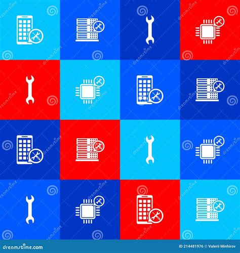 set mobile apps service database server wrench and processor icon