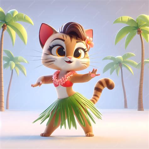 3d Cartoon Character Of A Hula Dancer Cat Premium Ai Generated Image
