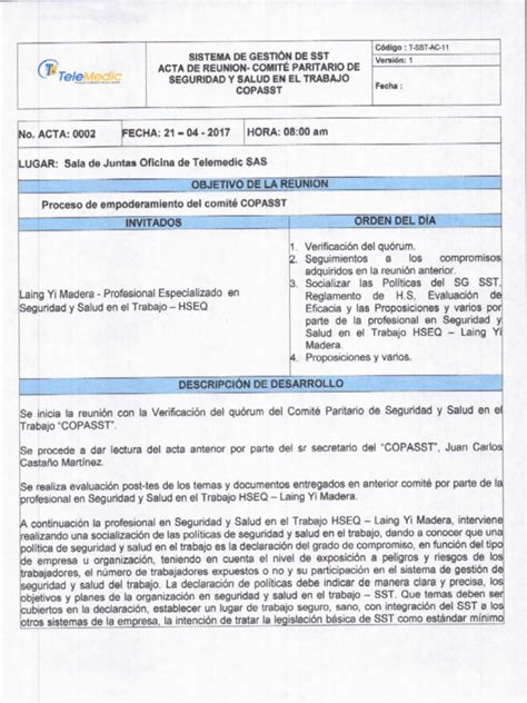 Acta Reunión Copasst Seguridad Y Salud Ocupacional Bienestar