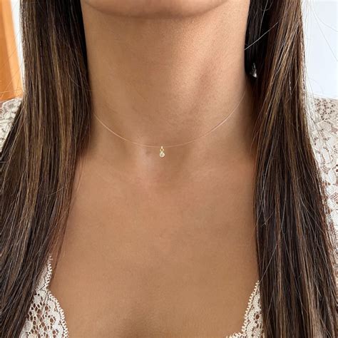 Invisible Necklace Floating Diamond Necklace Solitaire Cubic Zirconia Floating Crystal