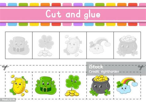 잘라 서 재생할 수 있습니다 접착제와 종이 게임 플래시 카드 교육 워크 시트 활동 페이지입니다 가위 연습 격리된 벡터 그림입니다 만화 스타일 성 패트릭의 날 St