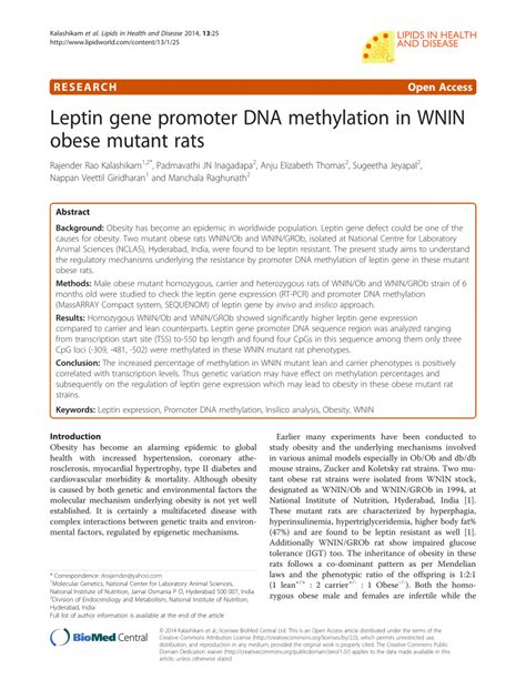 Pdf Leptin Gene Promoter Dna Methylation In Wnin Obese Mutant Rats