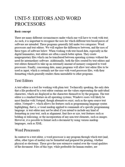 Unit 5 Editors And World Processors Pdf Microsoft Word Word Processor