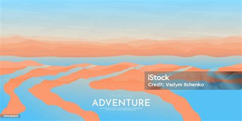 벡터 그림입니다 미니멀 한 풍경 플랫 만화 예술 사막의 물 황야 강은 바다로 흐릅니다 산 여름 맑은 하늘 텍스트가 있는 웹 사이트 배너입니다 모래 언덕 더운 날씨 0명에