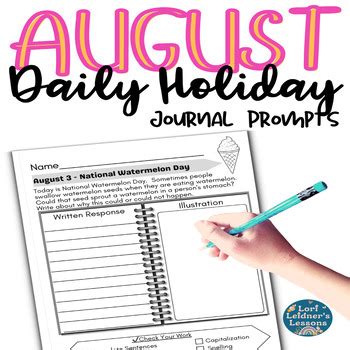 August Daily Holiday Writing Prompts Morning Work Homework Summer