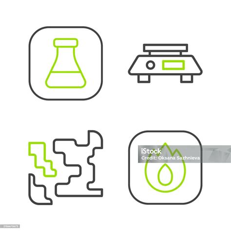 세트 라인 화재 불꽃 기체 전자 저울 및 시험관 및 플라스크 아이콘 벡터 건강한 생활방식에 대한 스톡 벡터 아트 및 기타 이미지 건강한 생활방식 고체 과학 Istock