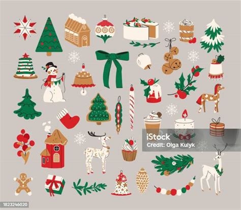 축제 상징과 디자인 요소의 큰 크리스마스 세트입니다 회색 배경에 고립 된 손으로 그린 스타일의 귀여운 평면 그림 개체 그룹에