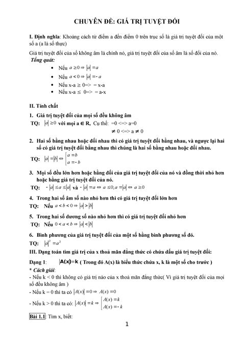 Giá Trị Tuyệt đối Bài Tập Gttd Lớp 6 ChuyÊn ĐỀ GiÁ TrỊ TuyỆt ĐỐi I Định Nghĩa Khoảng