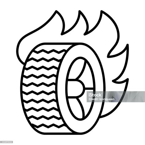 불타는 자동차 바퀴 얇은 선 아이콘 타이어 피팅 개념 벡터 그래픽입니다 불에 타이어 흰색 배경에 고무 폐기물 기호 스타일 모바일 또는 디자인 검은색에 대한 스톡 벡터 아트