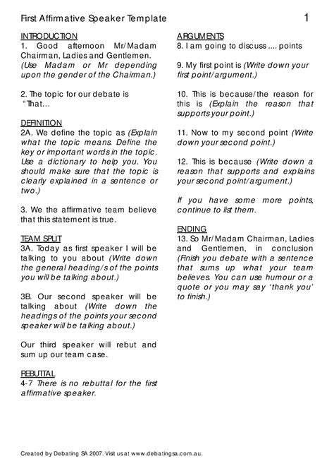 Speech Structure Template First Affirmative Speaker Template 1 Introduction Good Afternoon