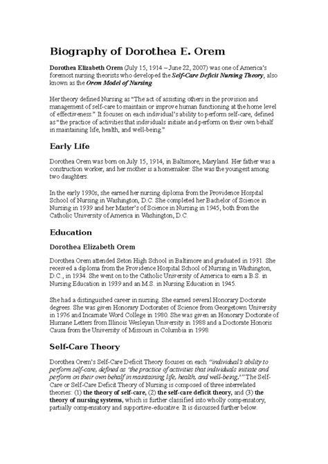 Biography Of Dorothea E Orem Dorothea Elizabeth Orem July 15 1914