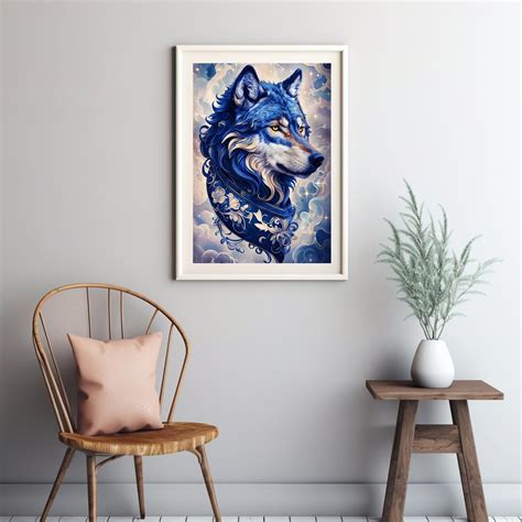Ethereal Blue Wolf Art Print Digital Illustration With Floral