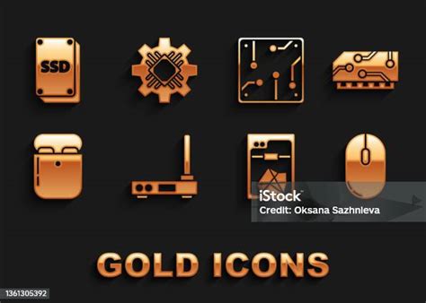 라우터 및 와이파이 신호 Ram 랜덤 액세스 메모리 컴퓨터 마우스 3d 프린터 에어 헤드폰 박스 프로세서 Ssd 카드 및 아이콘을 설정합니다 벡터 3차원 형태에 대한 스톡