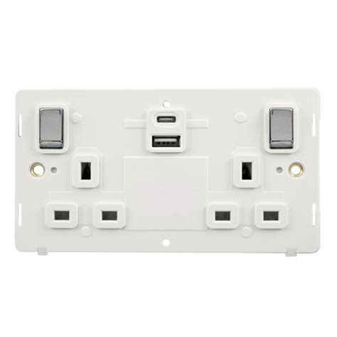 Click Definity Polar White 2 Gang 13a Ingot Switched Safety Shutter Socket With Type A And C Usb