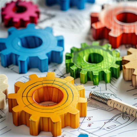 Colorful Gears On A Desk With Sketches Of Business Project Generative Ai Stock Image Image Of