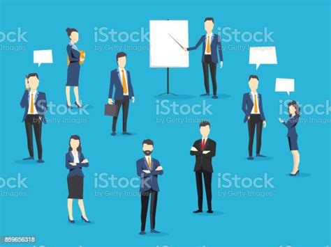 벡터 비즈니스 팀의 창조적인 그림입니다 사무실 직원 팀웍입니다 사람과 다른 포즈에 서 서 파란색 배경에 자신의 업무와 바쁜