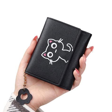 Rygrzj Black Cartoon Cute Wallet Women Short Trifold Cat Girls Small