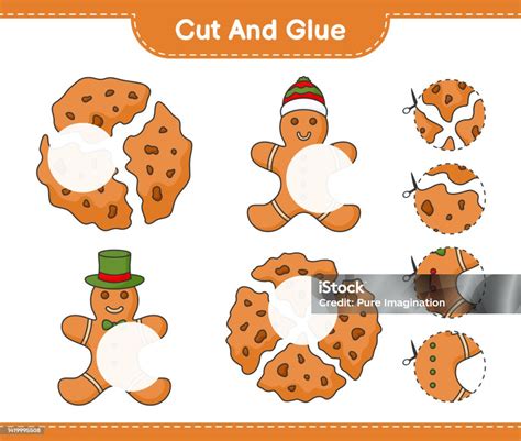 자르고 붙이고 쿠키의 일부를 자르고 진저 브레드 맨을 붙이십시오 교육 어린이 게임 인쇄 가능한 워크 시트 벡터 일러스트 레이 션