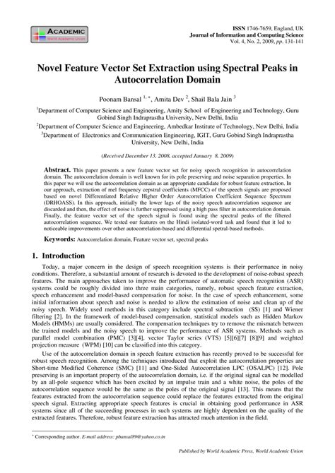 Global Science Press Novel Feature Vector Set Extraction Using Spectral Peaks In