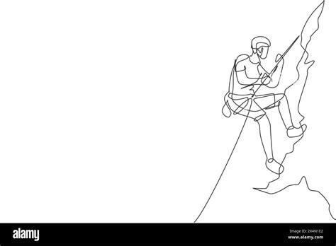 One Continuous Line Drawing Of Young Bravery Climber Man Practice Overhanging Rock Cliff