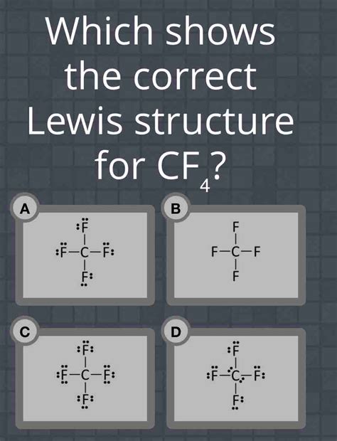 Solved Which shows the correct Lewis structure for CF₄ A B F F F C F C D É F C F F
