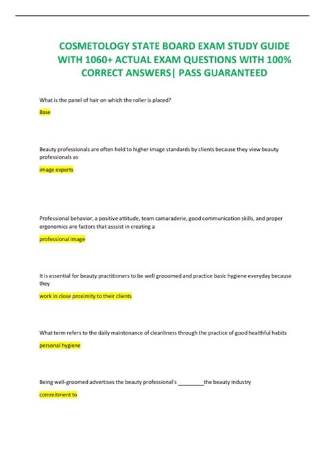 COSMETOLOGY STATE BOARD EXAM STUDY GUIDE WITH ACTUAL EXAM QUESTIONS WITH CORRECT