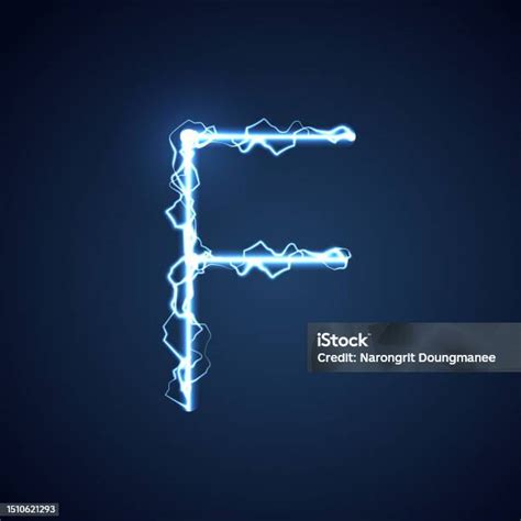 파란색 번개 스타일 문자 또는 알파벳 F 번개 및 천둥 번개 또는 전기 글꼴 파란색 배경에 광선 및 반짝임 효과 벡터 디자인