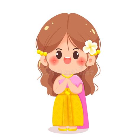 Cute Thai Girl In Traditional Dress Sitting Pose Cartoon Illustration