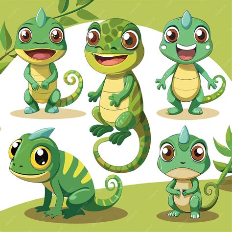 Colorful Cartoon Lizards With Various Expressions And Poses Premium