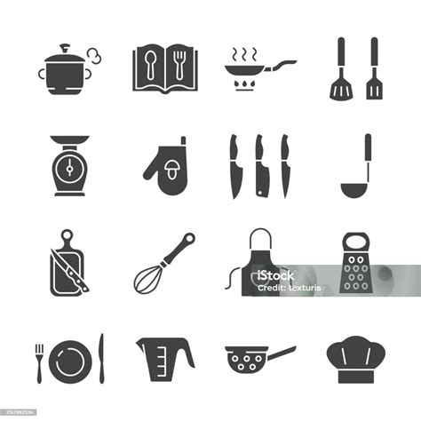 요리 글리프 아이콘 세트입니다 팬 저울 요리책 접시 칼 도마 냄비 받침 토크와 벡터 컬렉션 강판에 대한 스톡 벡터 아트 및 기타 이미지 Istock
