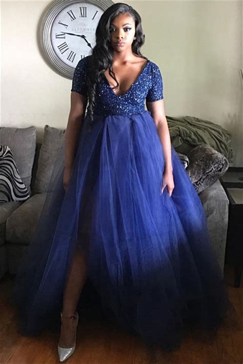 A Line Sequin Tulle Plus Size Prom Dresses Royal Blue High Waist Forma