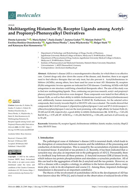 Pdf Multitargeting Histamine H3 Receptor Ligands Among Acetyl And Propionyl Phenoxyalkyl