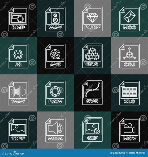 Set Line Mov File Document Xls Obj Ruby Avi Js Bmp And 3ds Icon Vector Stock Vector