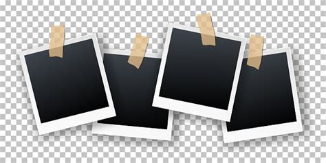 투명 한 배경에 고립 된 끈끈한 테이프에 매달려 벡터 레트로 현실적인 인스턴트 사진 카드 그림자 효과와 폴라로이드 사진 프레임의
